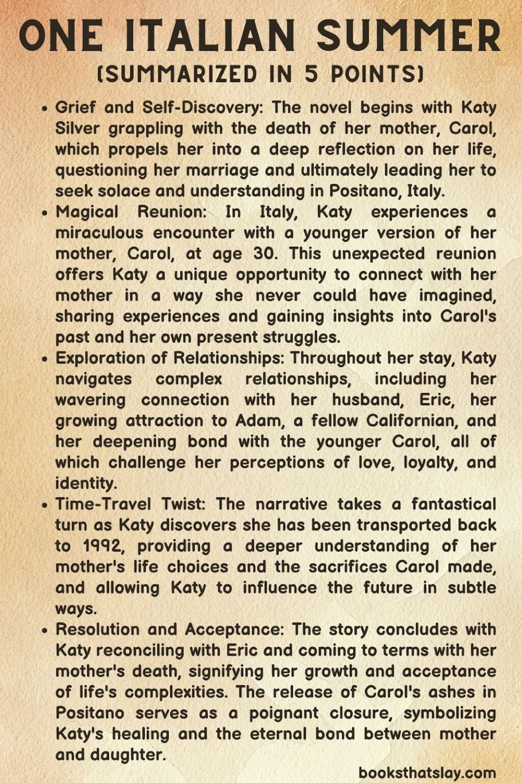 One Italian Summer Summary, Characters and Themes