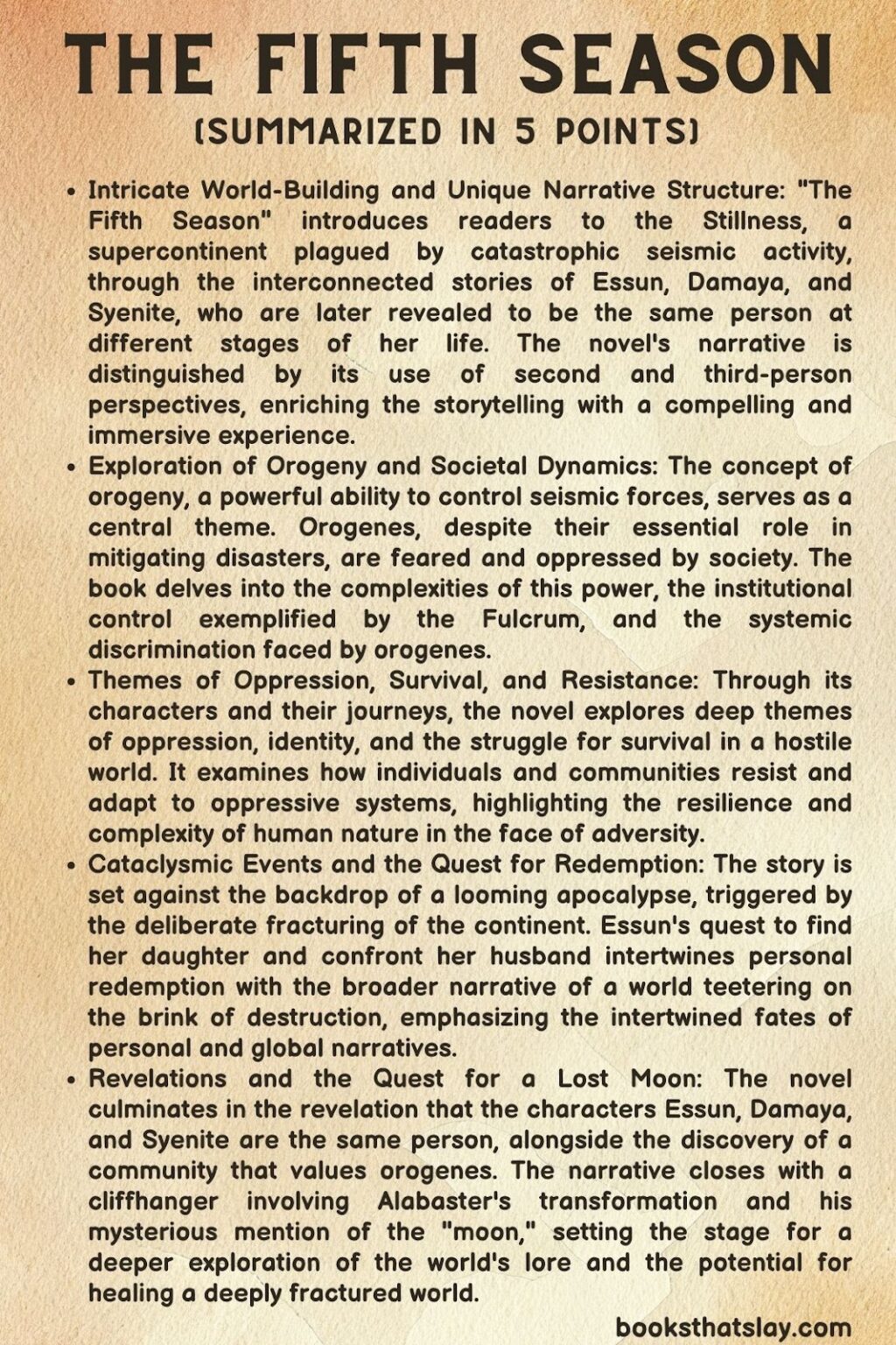 The Fifth Season Summary, Characters and Themes