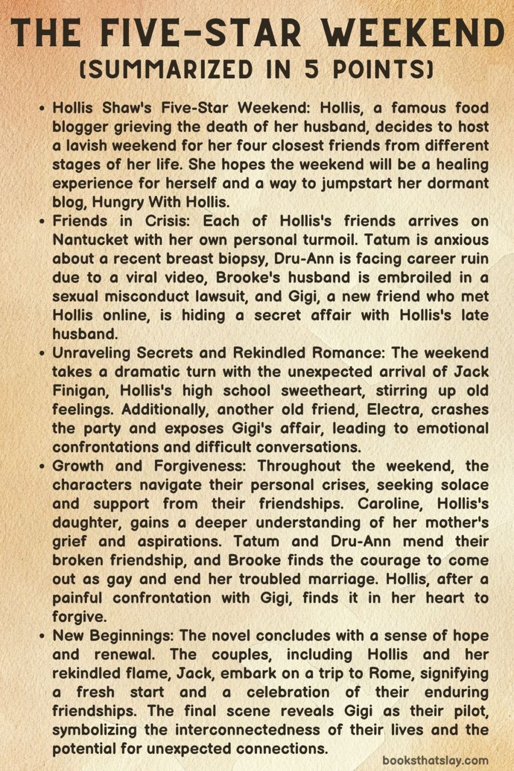 The Five-Star Weekend Summary, Characters and Themes