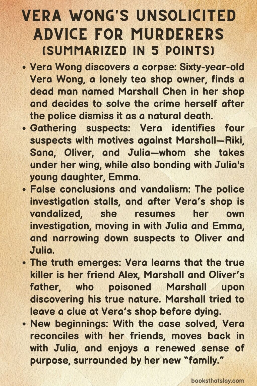 Vera Wong's Unsolicited Advice for Murderers Summary, Characters and Themes