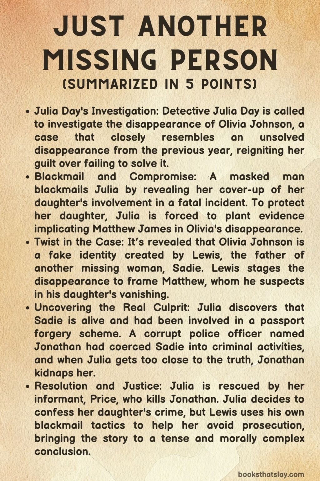 Just Another Missing Person Summary, Characters and Themes