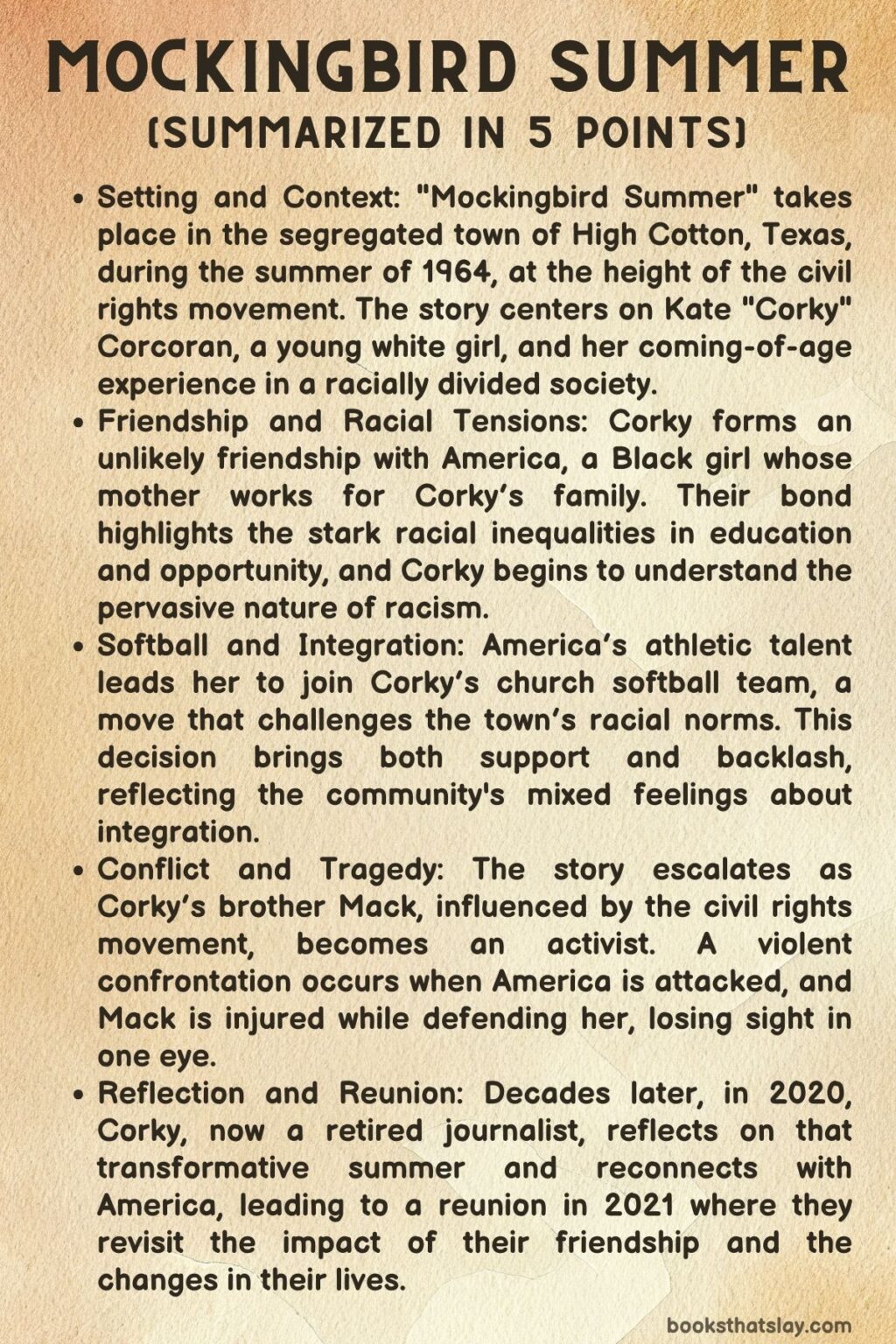 Mockingbird Summer Summary, Characters and Themes