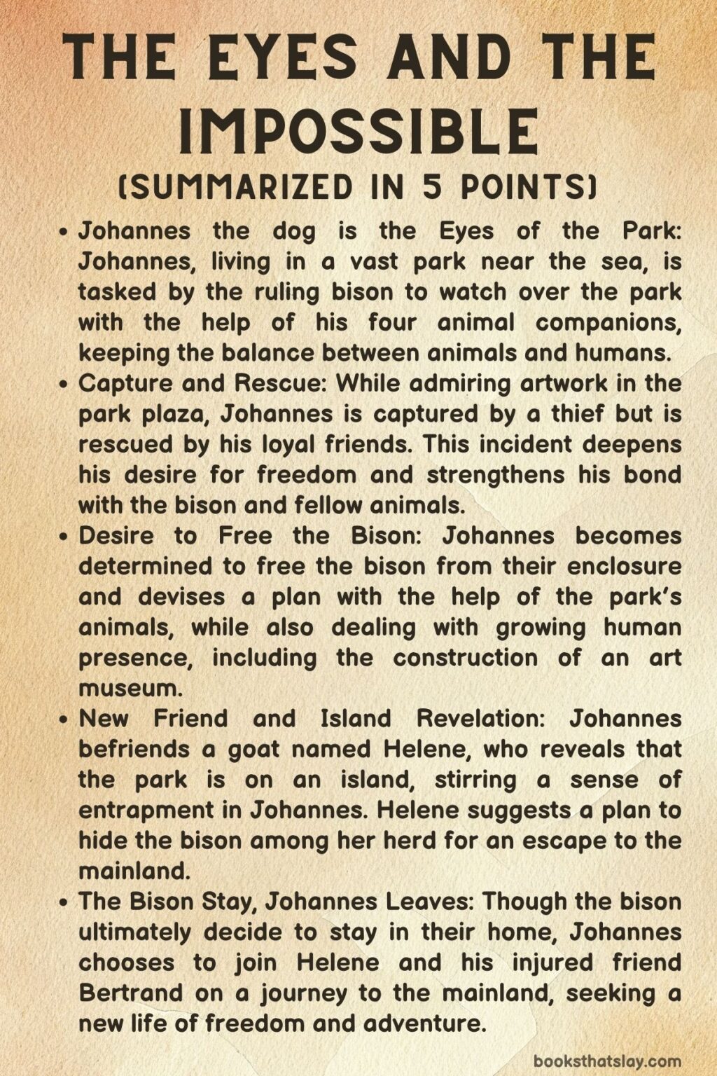 The Eyes and the Impossible Summary, Characters and Themes