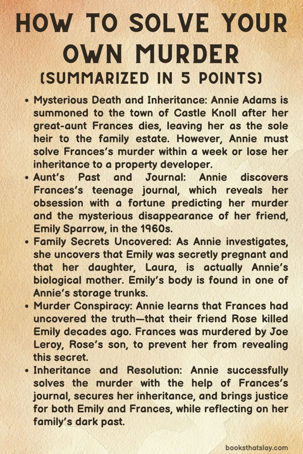 How to Solve Your Own Murder Summary, Characters and Themes
