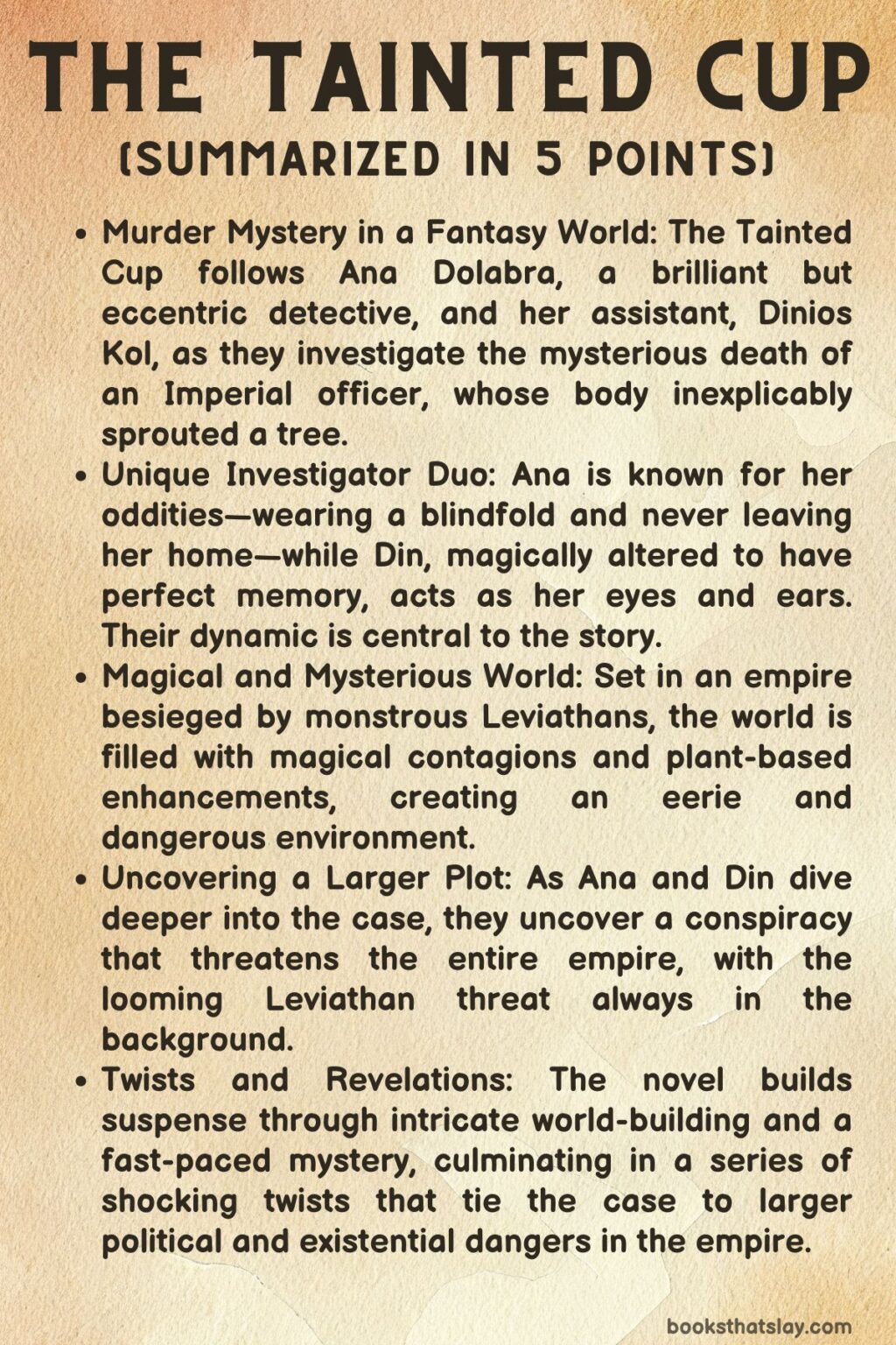 The Tainted Cup Summary, Characters and Themes