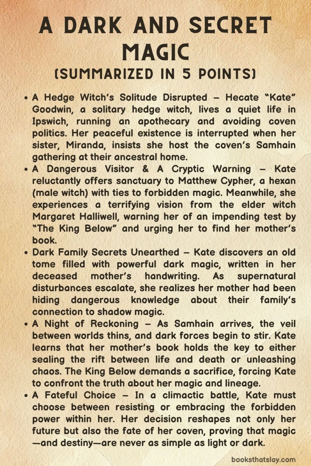 A Dark and Secret Magic Summary, Characters and Themes