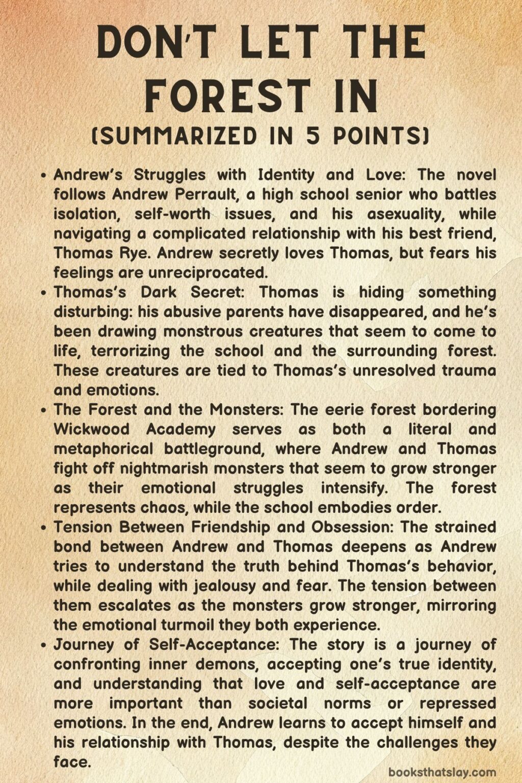 Don't Let the Forest In Summary, Characters and Themes