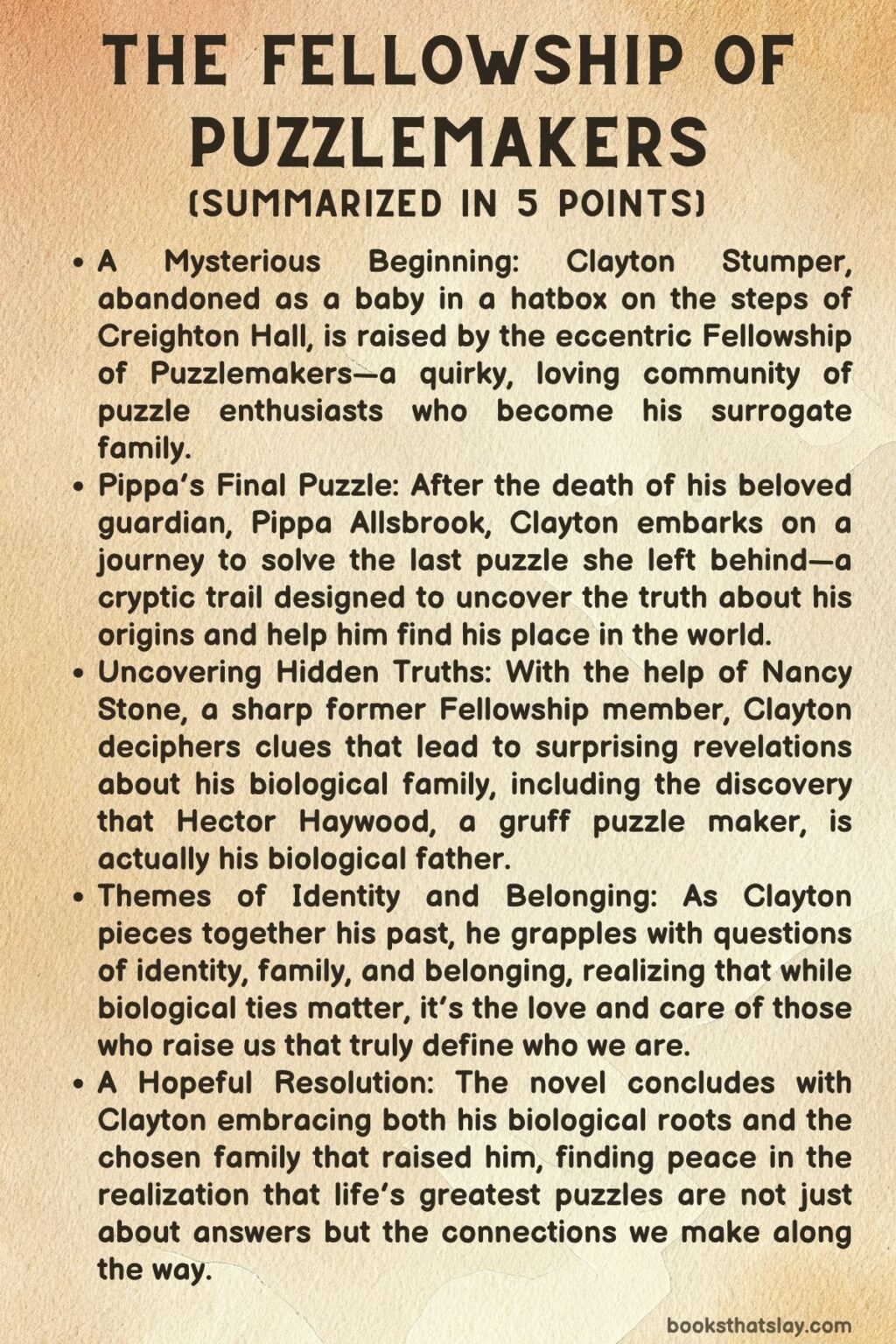 The Fellowship of Puzzlemakers Summary, Characters and Themes