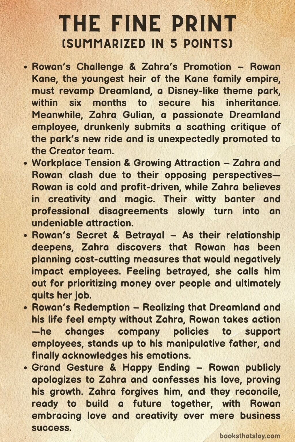 The Fine Print Summary, Characters and Themes