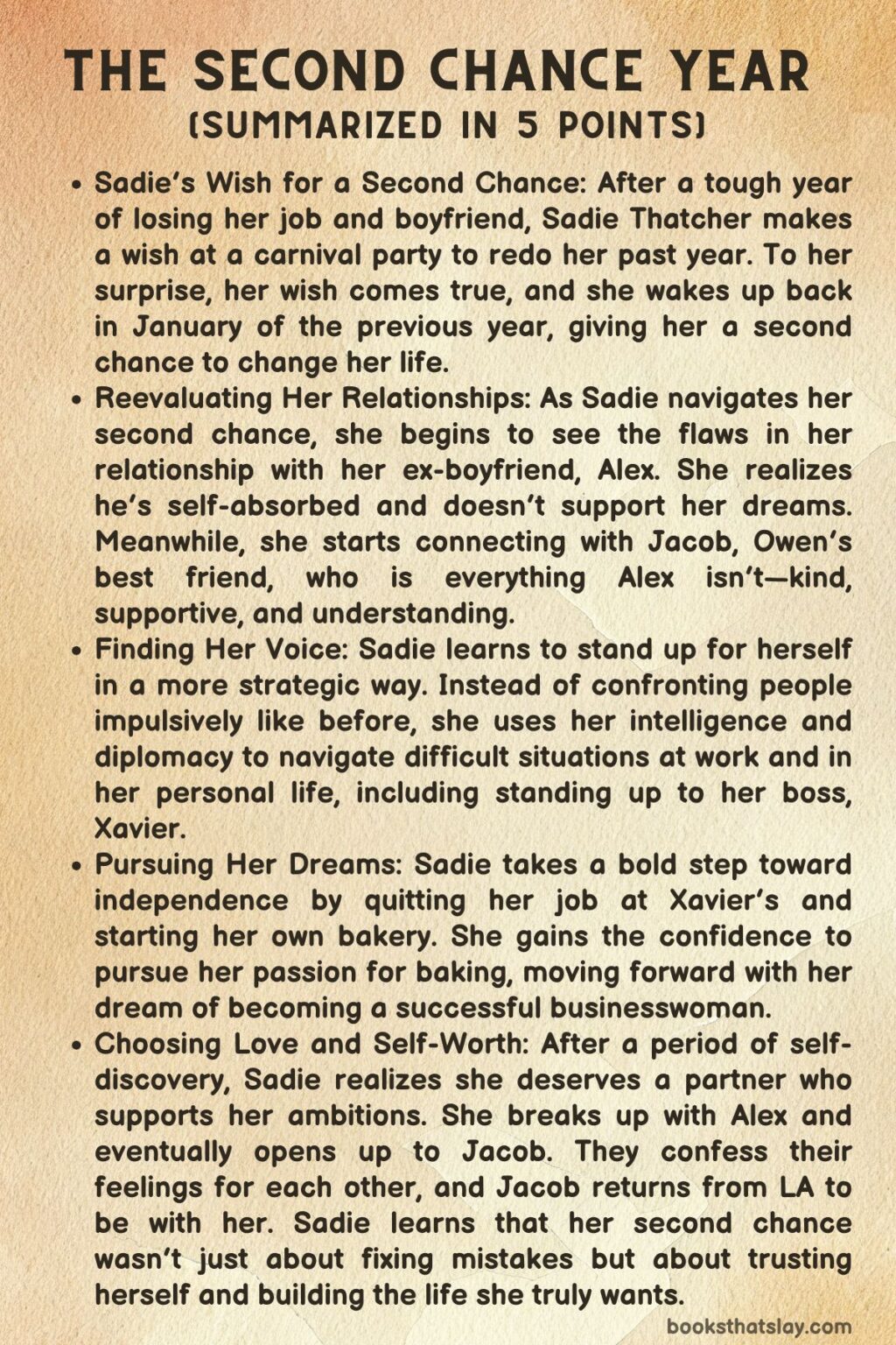 The Second Chance Year Summary, Characters and Themes