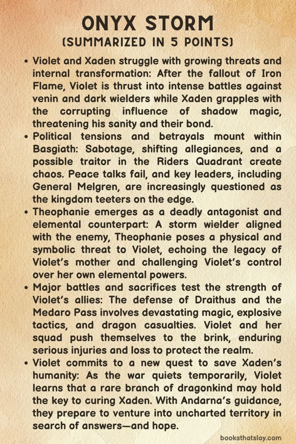Onyx Storm Summary, Characters and Themes