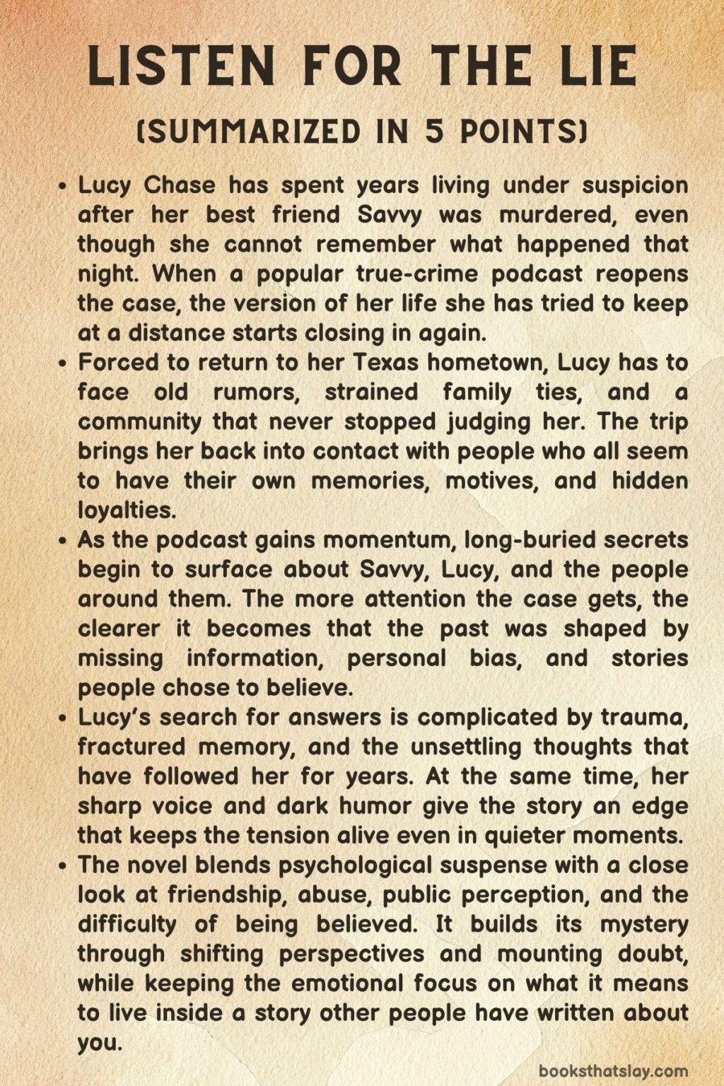 Listen For The Lie Summary, Characters and Themes